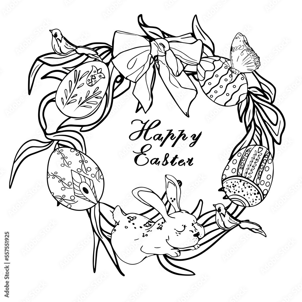 Spring Easter background with creative cute bunny. Black and white ...