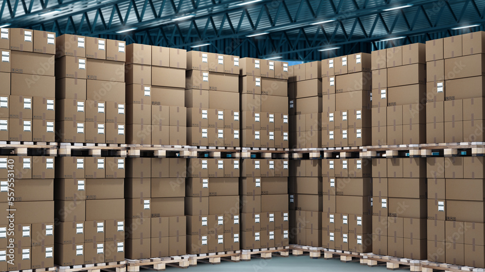 Warehouse with boxes. Pallets with parcels inside hangar. Logistics ...