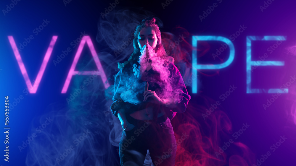 Woman with electronic cigarette in her hand. Logo near smoker girl ...
