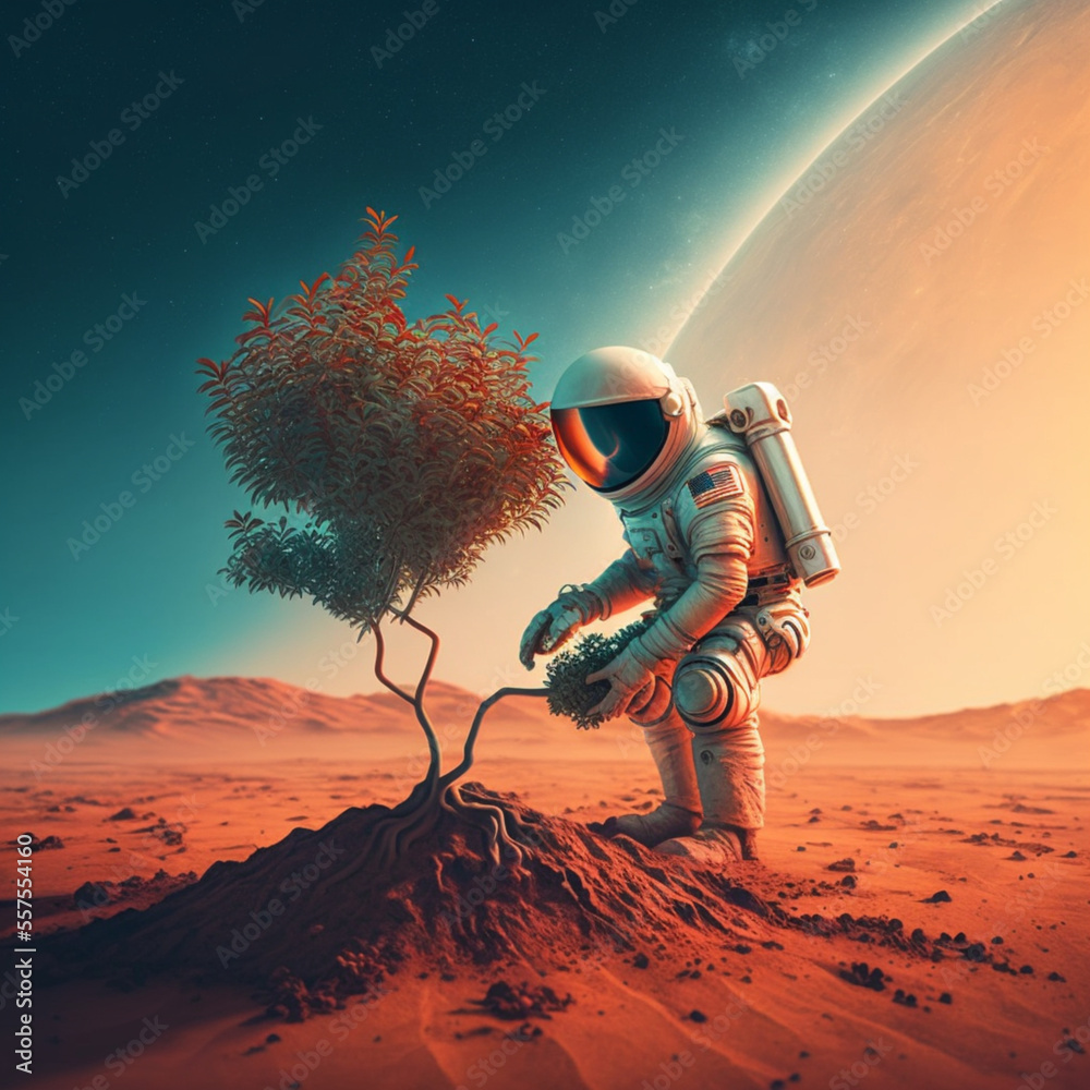 astronaut planting a tree in space against the backdrop of the sun ...