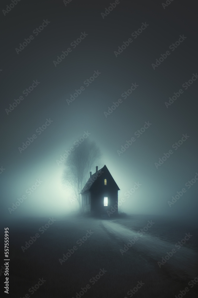 road to mysterious house with fog at night. generative ai Stock ...