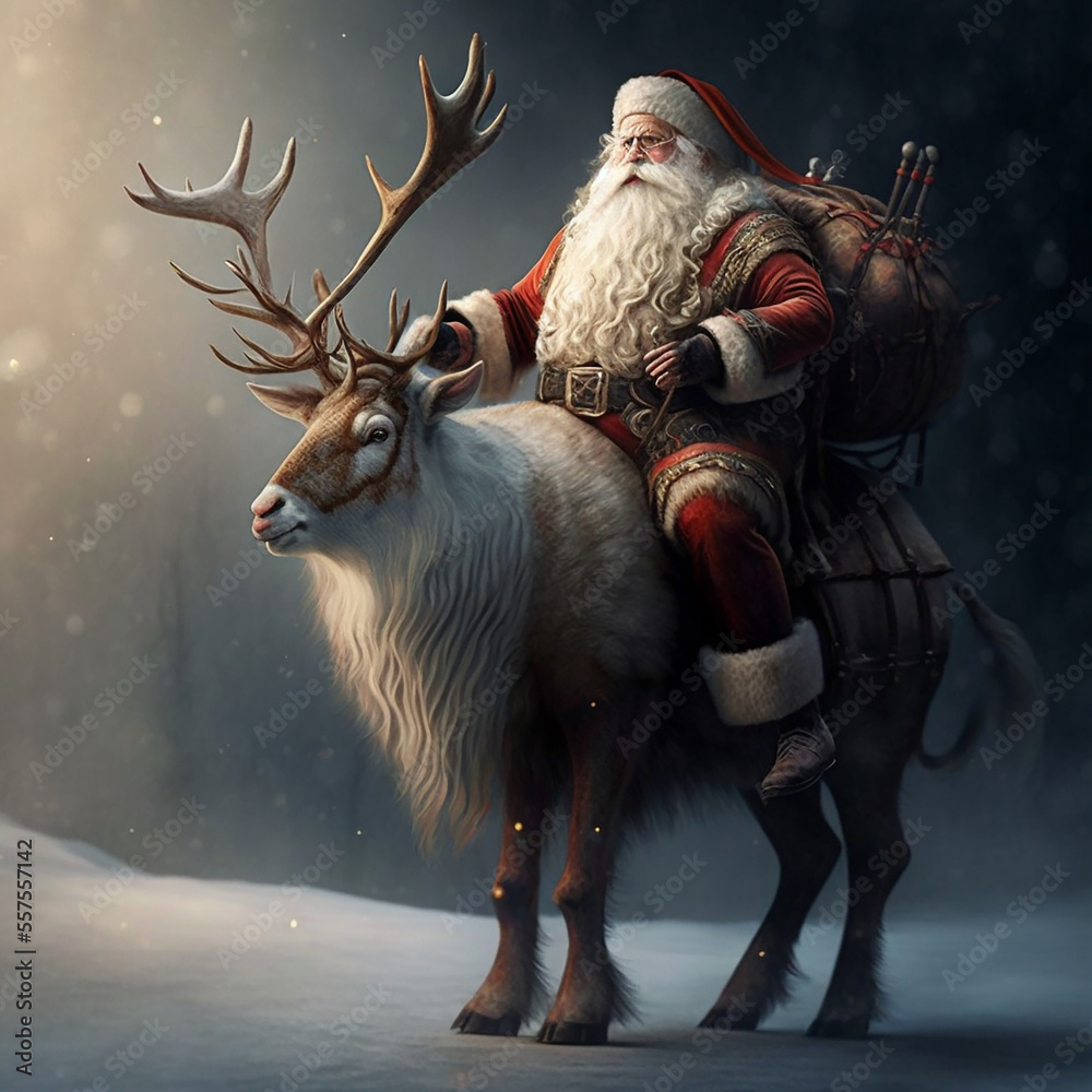 Santa Claus goes with a deer to bring gifts to the children. Created ...