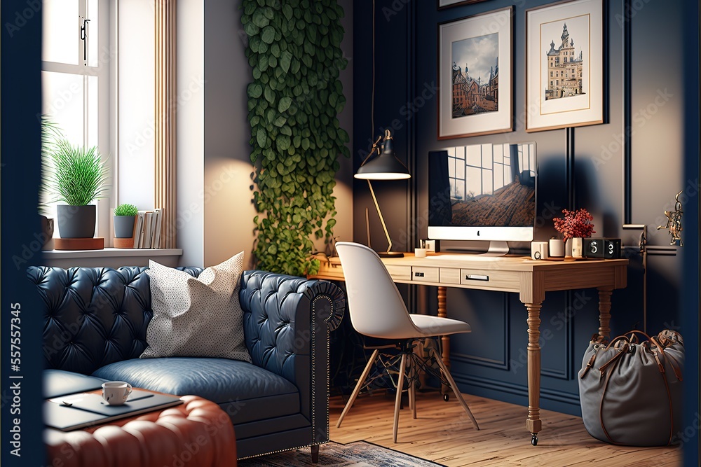 interior of cozy living room. Remote working and work from home as an ...