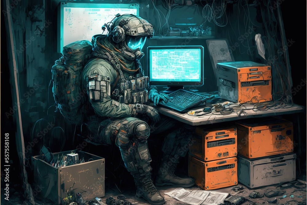 digital illustration of underground base of hero working station office ...