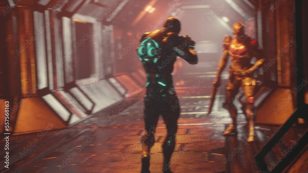 Alien Soldiers Walk Armed in the Corridors of a Spaceship 3D Animations ...