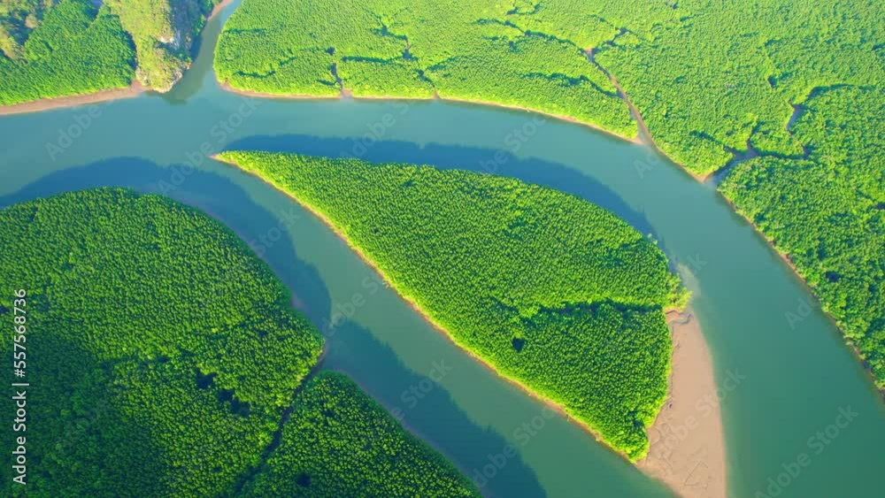 Drone flying over beautiful scenery at Phang Nga Bay during sunset ...