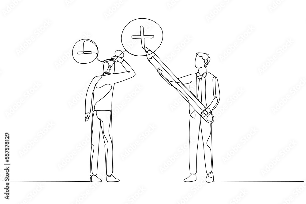 Cartoon of businessman manager using pencil to draw positive sign on ...