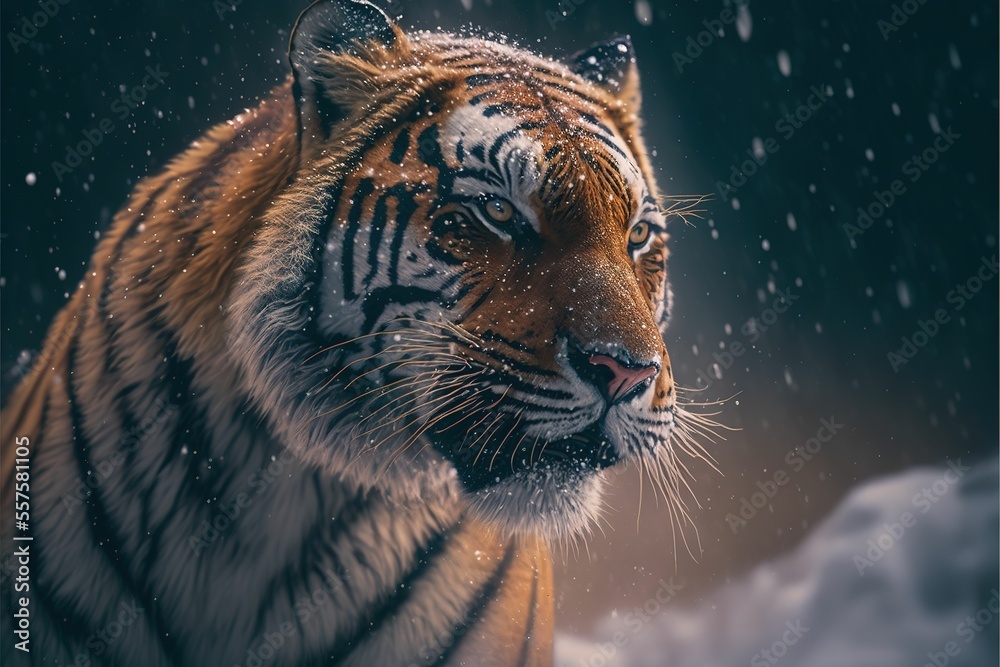 Adult heavy Bengal tiger (Panthera tigris) walking in the snow face ...