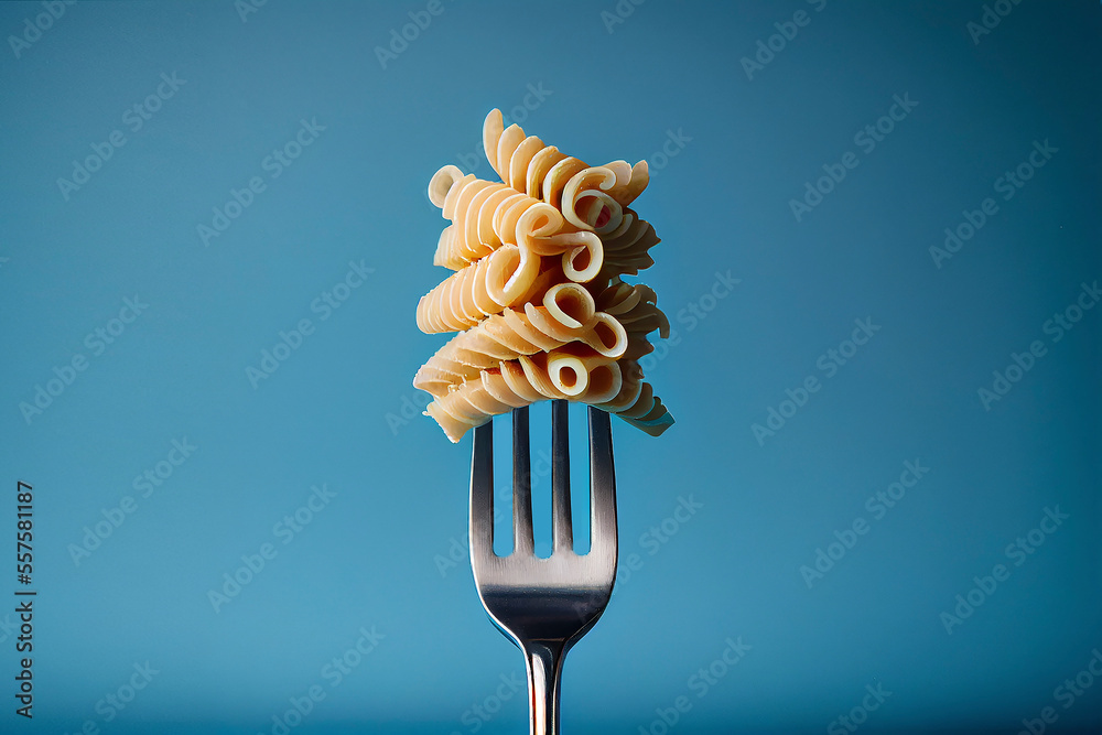 Pasta on fork on blue background. Italian fusilli pasta on culinary ...