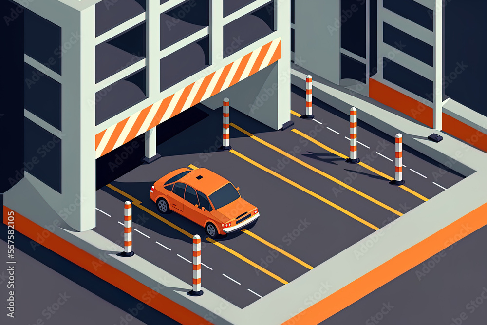 At the basement of the building, a barrier parking entry with striped ...