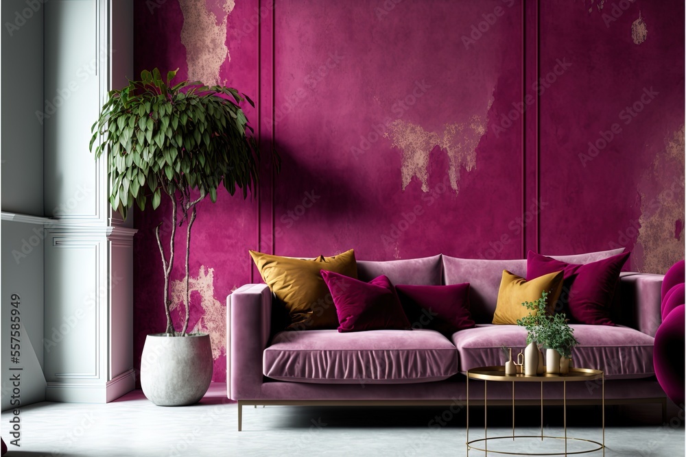 Living room in trend viva magenta color year. A bright sofa accent ...