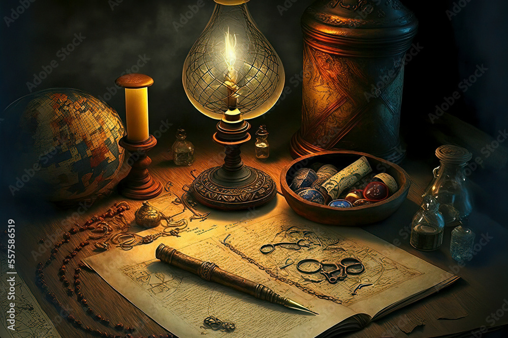 Vintage Still-life with Old Writing-book, Antique Ink Pen, Oil Lamp ...