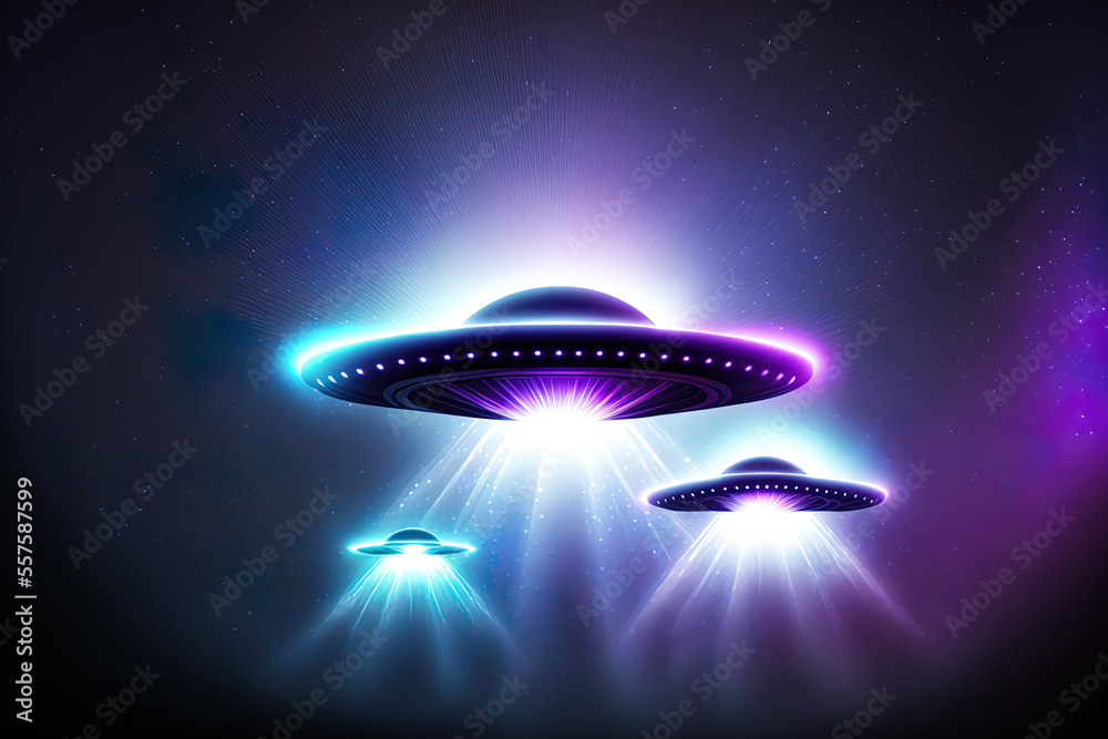 UFOs with a blue and purple light beam are alien spacecraft. Generative ...