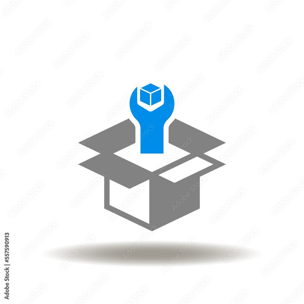 Vector illustration of open box with wrench and 3d cube. Symbol of SDK ...