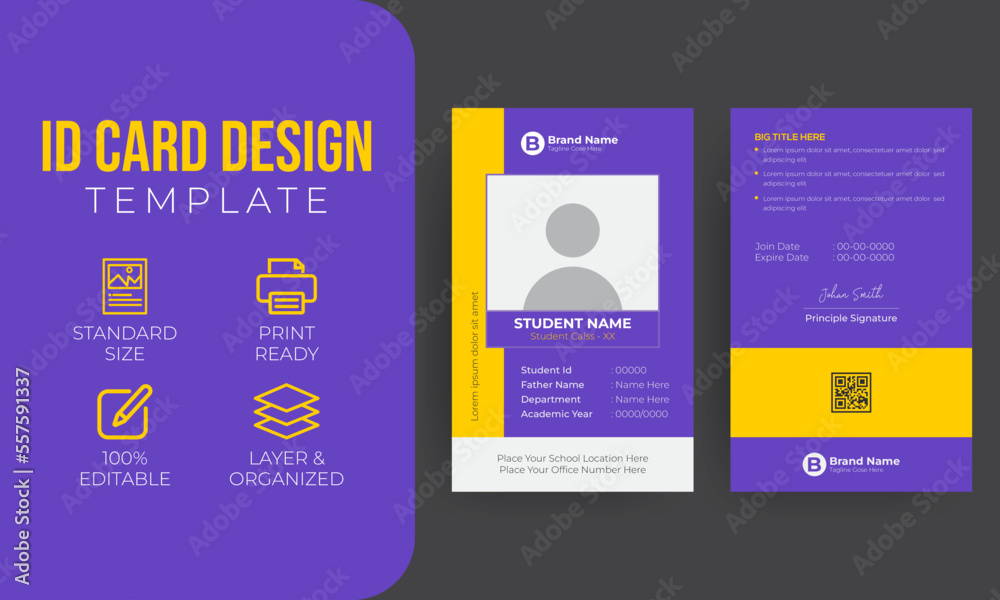 School or college Id card design template. Identity badge with photo ...