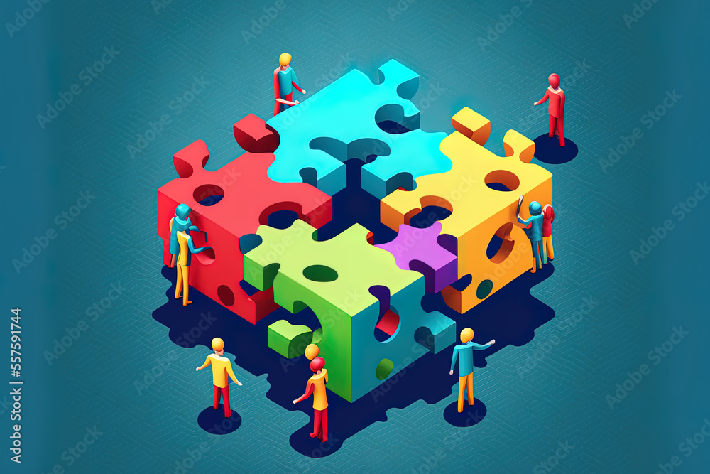 People in an isometric perspective link puzzle pieces. teamwork ...