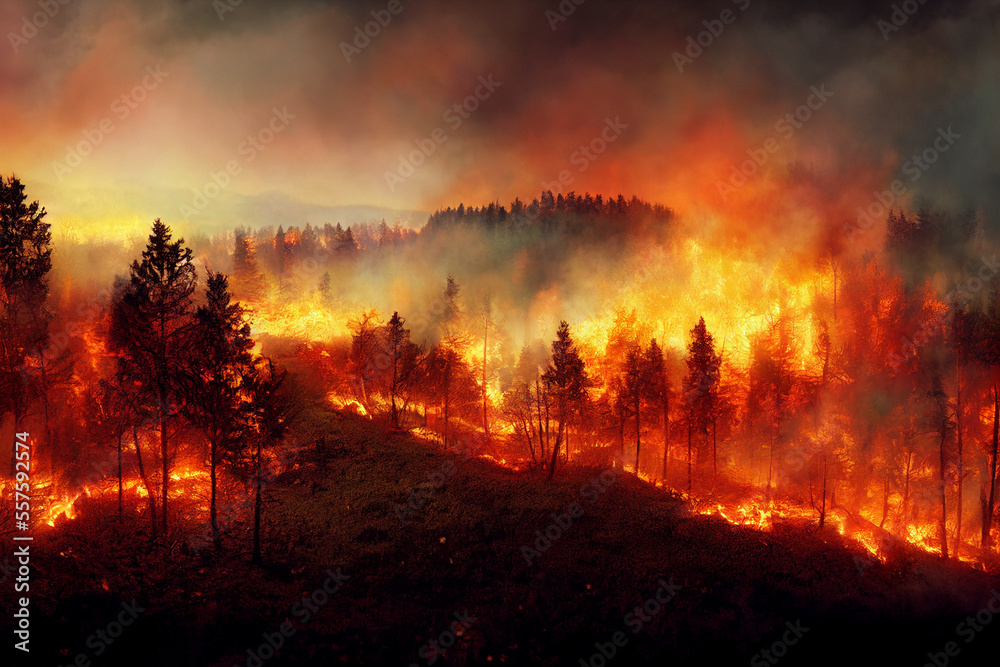 Forest fire disaster illustration, trees burning at night, wildfire ...