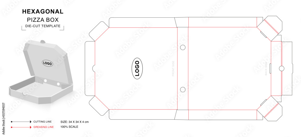 Hexagonal pizza box die cut template medium size with 3D blank vector ...