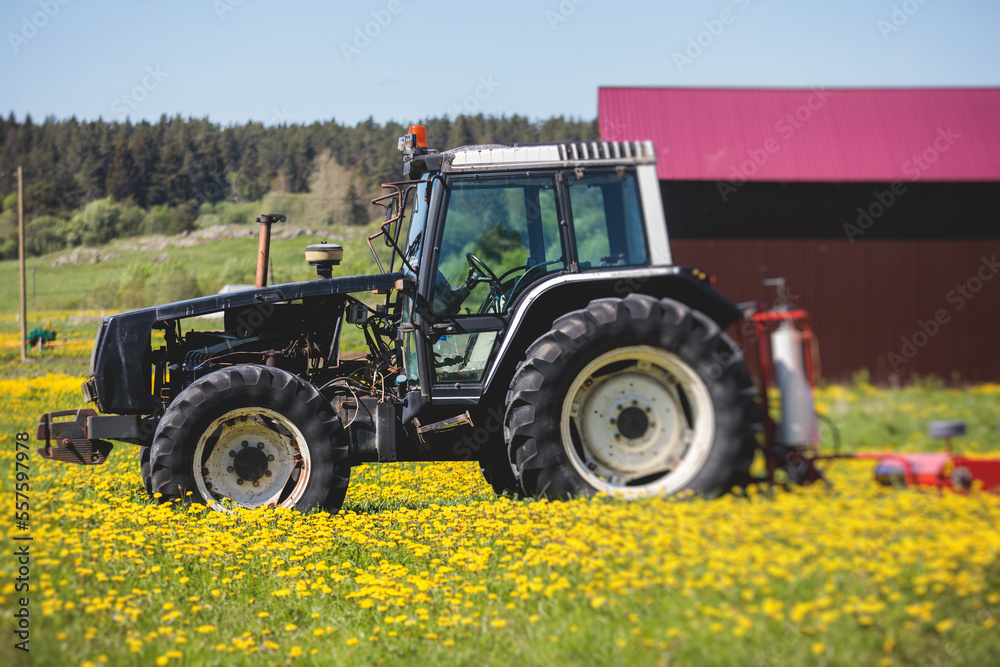 Tractor with a disc harrow system on the cultivated farm field, process ...