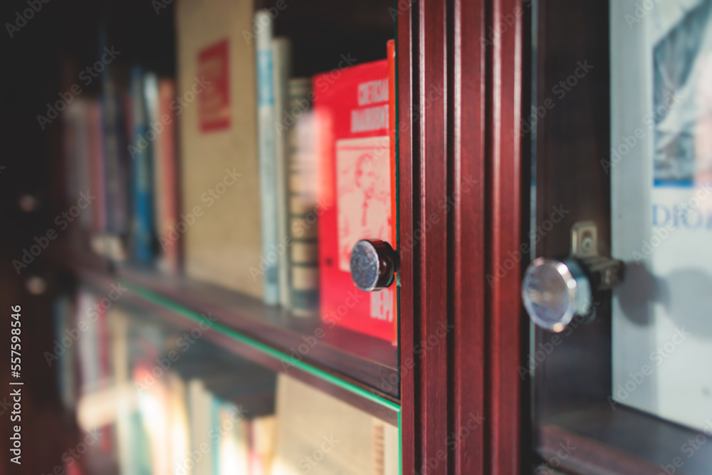 Old university college library interior with a bookshelves catalog ...