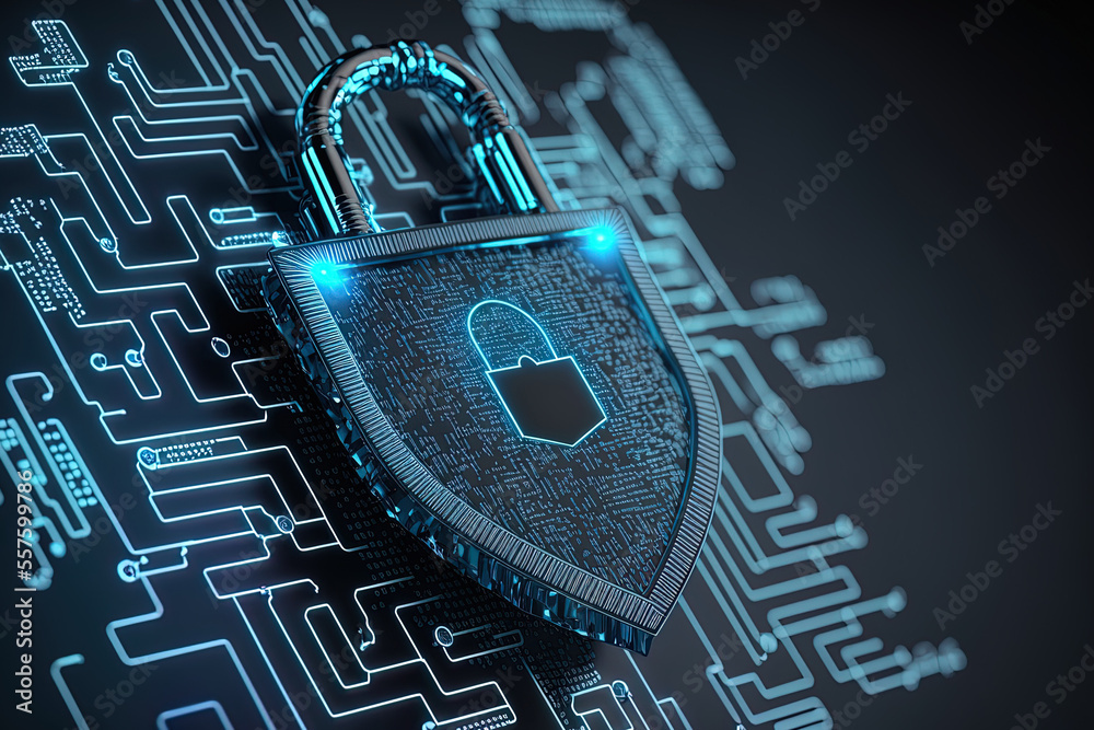 A Shield With A Lock Icon Is Displayed On A Circuit Board And Network Wireframe With Binary Code
