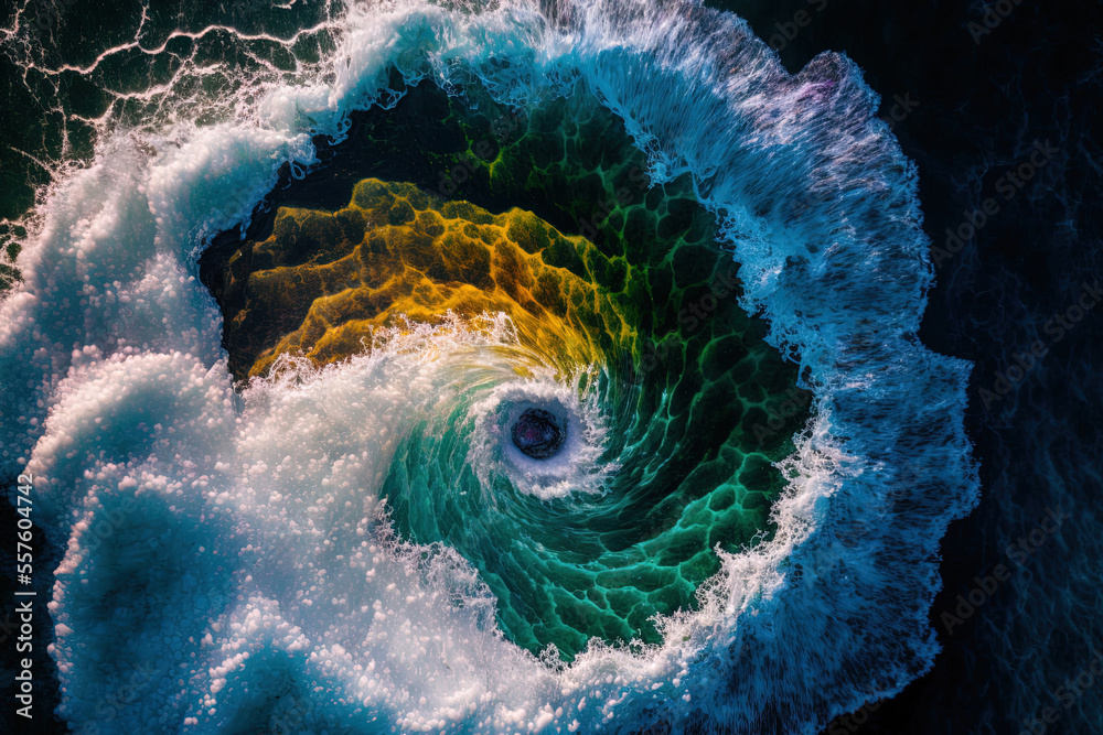 Waves and bursts of color in the water a top view. Generative AI Stock ...