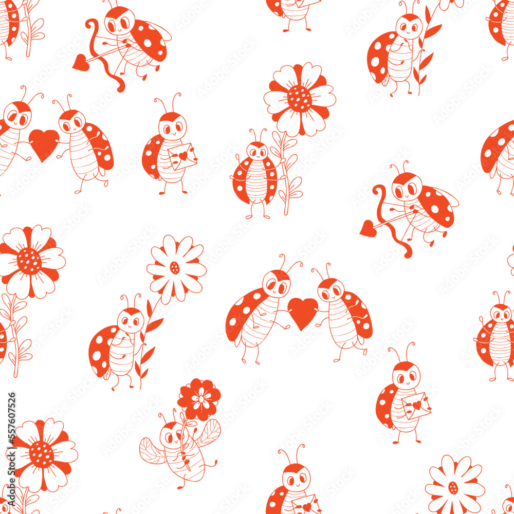 Seamless pattern with insects ladybugs with flowers, letter and heart ...