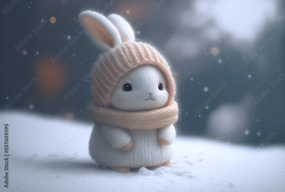 cute white rabbit wearing scarf on snowy night with bokeh light of ...
