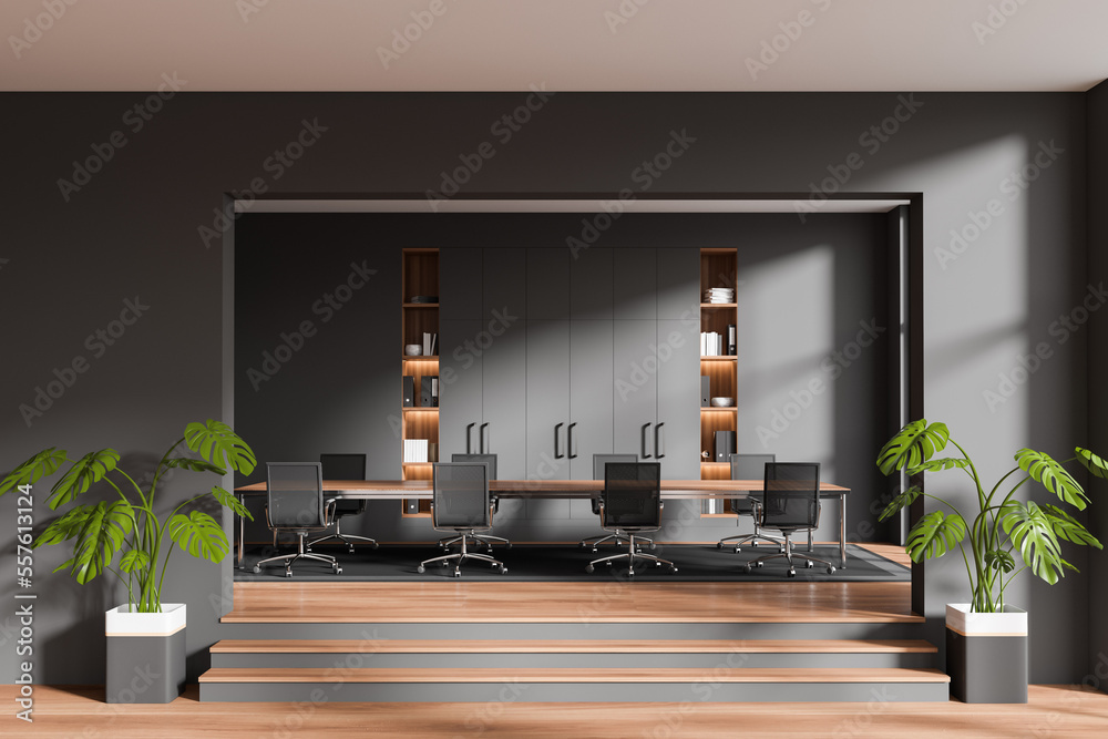 Grey office room interior with conference area on podium, shelf with ...