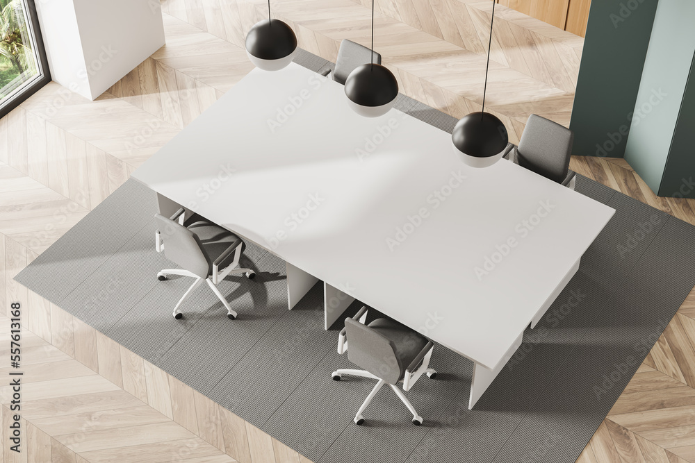 Top view of light conference room interior with board, chairs and ...