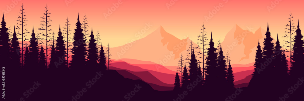simple sunset mountain with pine tree silhouette flat design vector ...