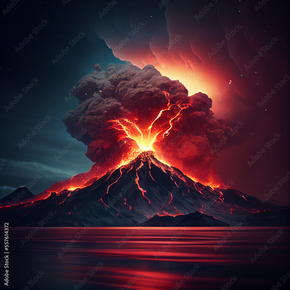 Active vulcano with lava and smoke, vulcano eruption landscape ...