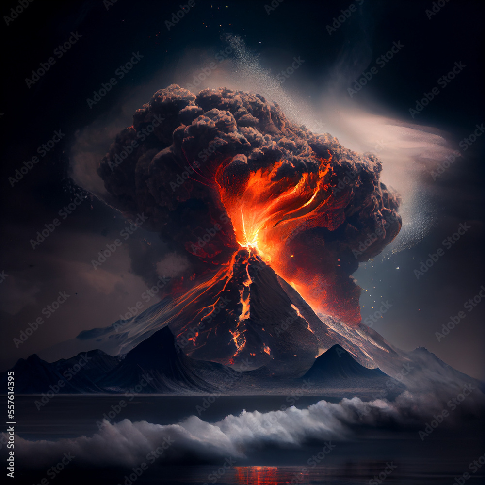 Active vulcano with lava and smoke, vulcano eruption landscape ...