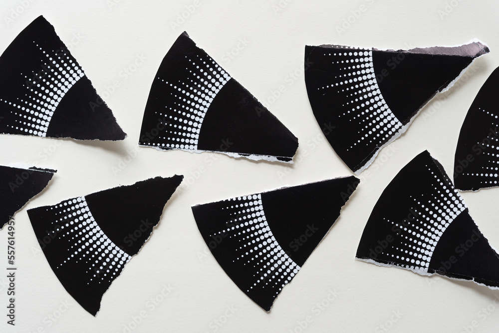 torn paper shapes (roughly triangles) with black and white halftone ...