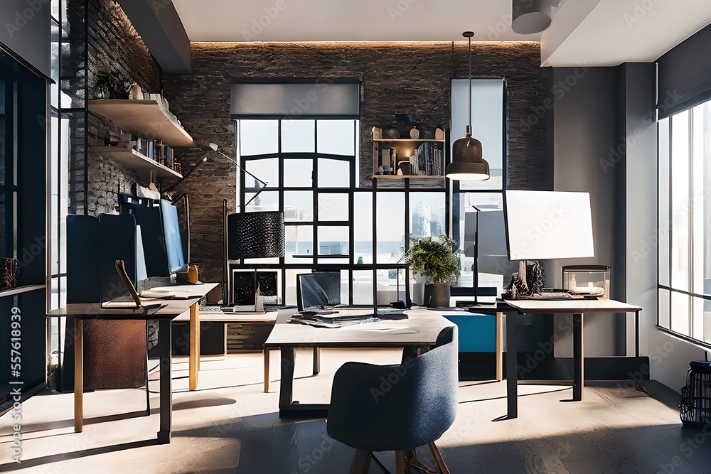 Cozy, Modern home office workplace with computer and desk, wooden floor ...