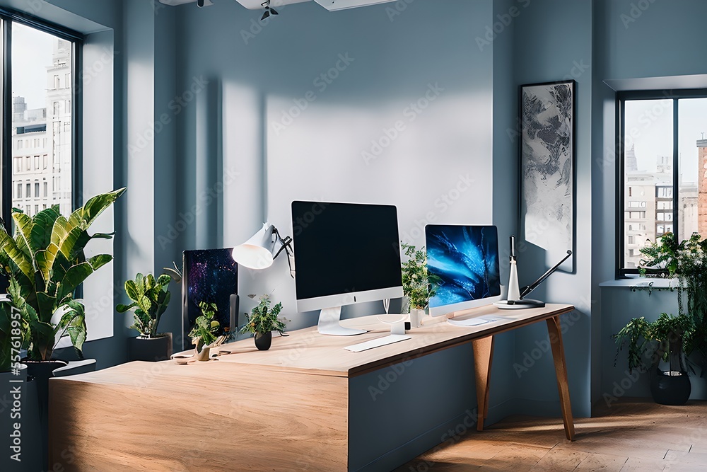 Cozy, Modern home office workplace with computer and desk, wooden floor ...