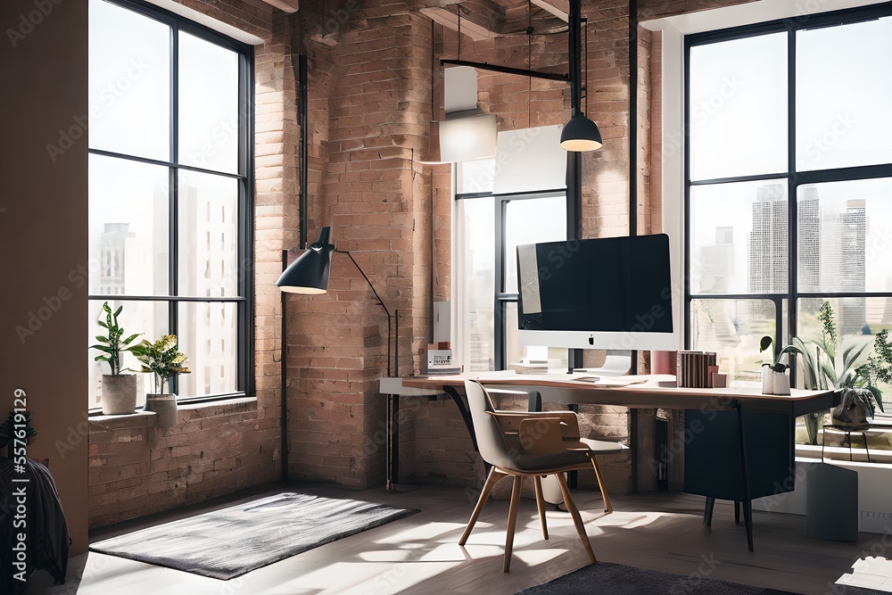Cozy, Modern home office workplace with computer and desk, wooden floor ...