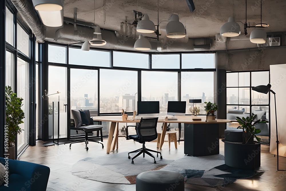 Cozy, Modern home office workplace with computer and desk, wooden floor ...