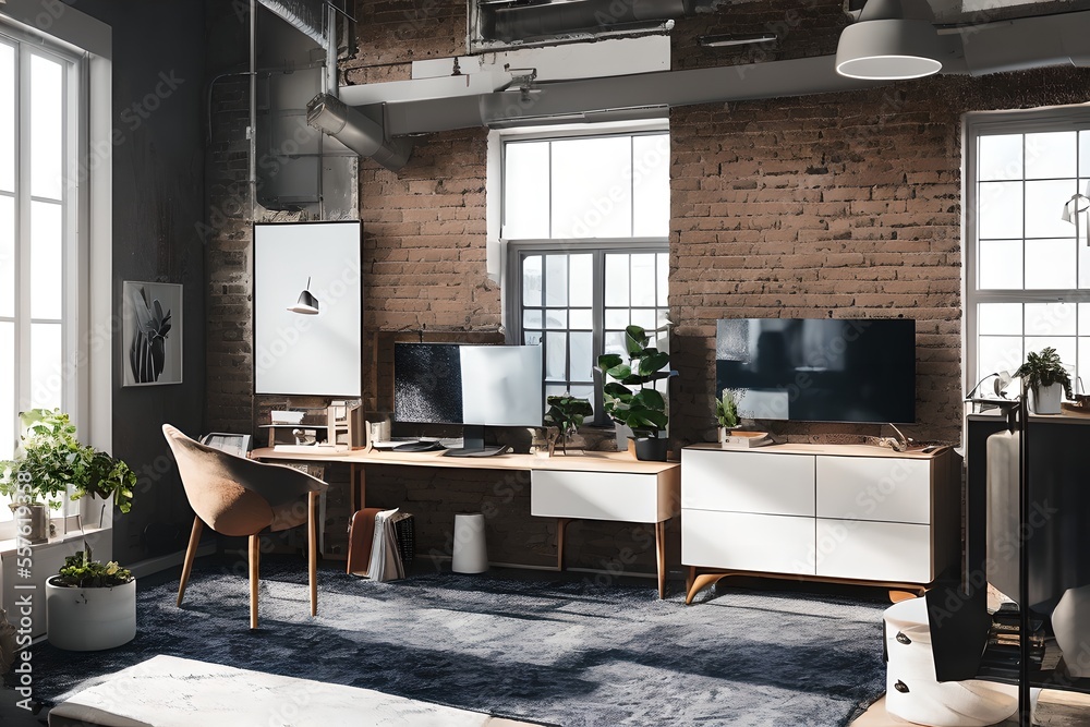 Cozy, Modern home office workplace with computer and desk, wooden floor ...