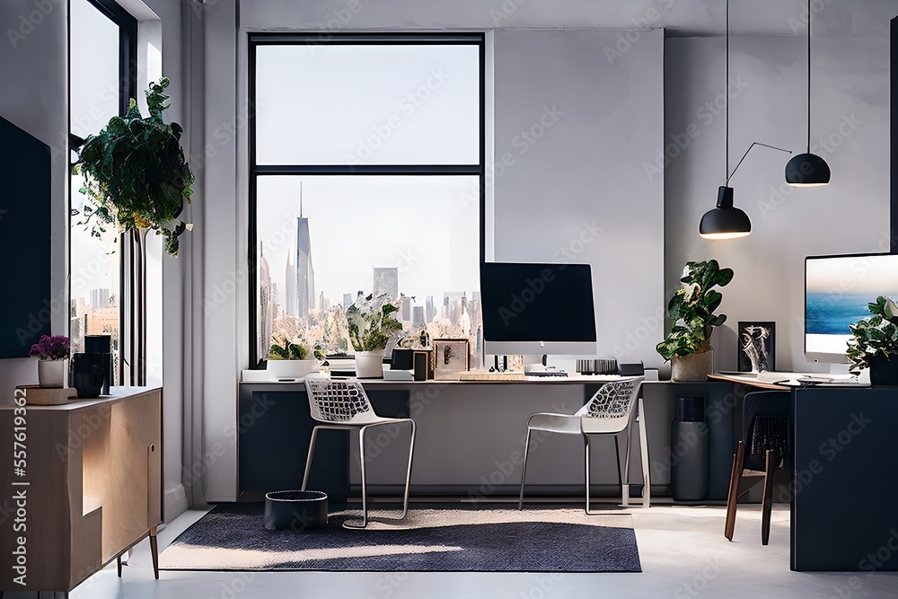 Cozy, Modern home office workplace with computer and desk, wooden floor ...