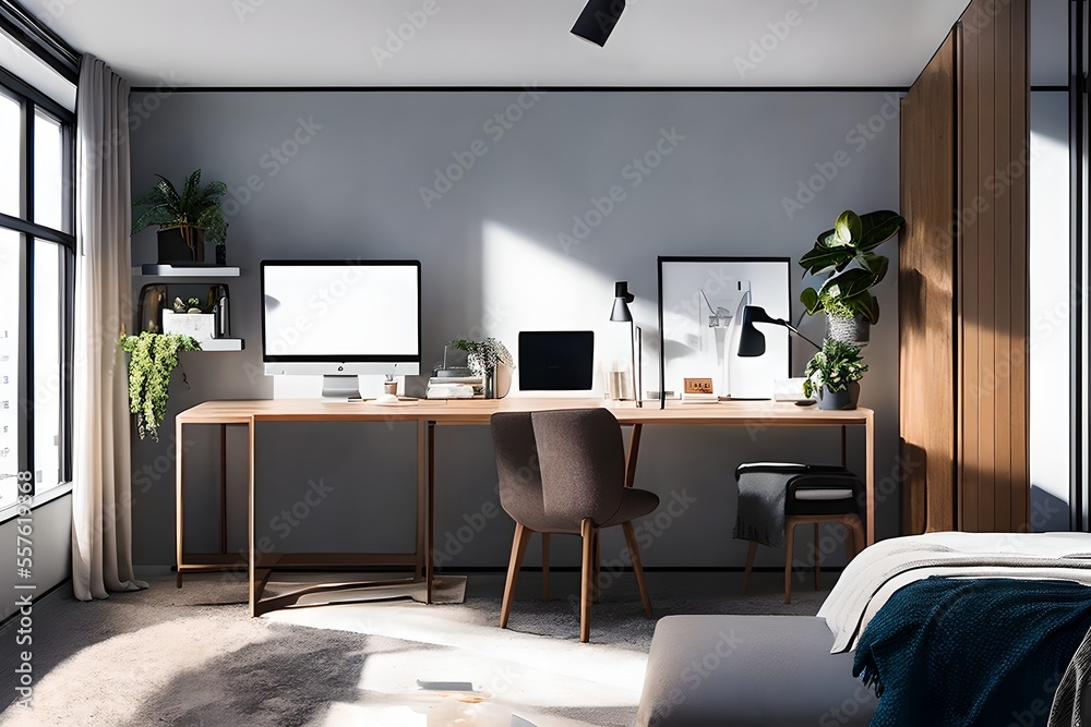 Cozy, Modern home office workplace with computer and desk, wooden floor ...