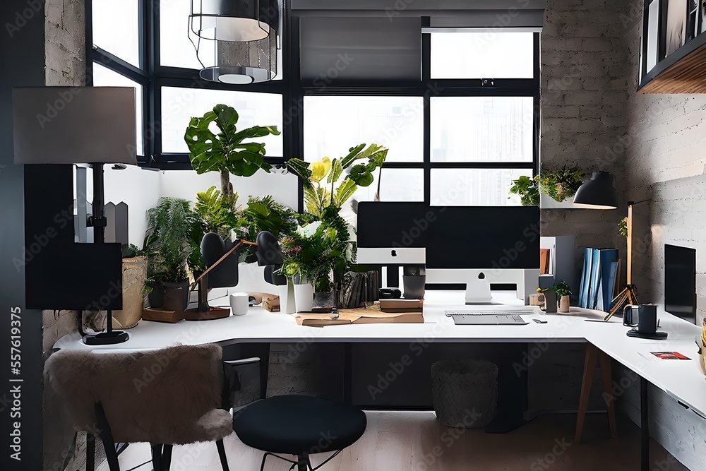 Cozy, Modern home office workplace with computer and desk, wooden floor ...