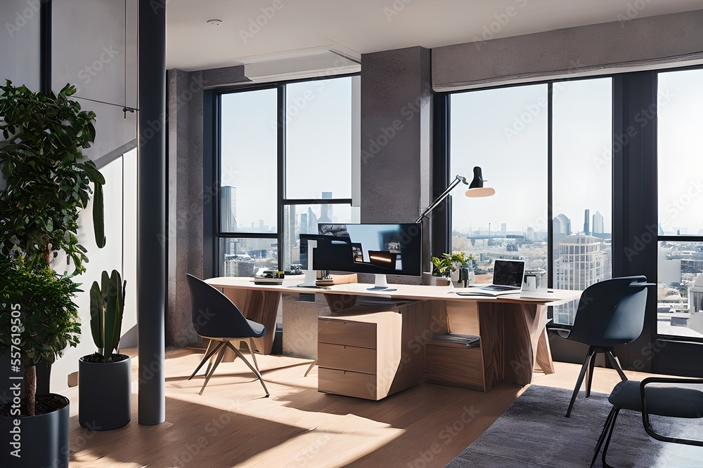 Cozy, Modern home office workplace with computer and desk, wooden floor ...