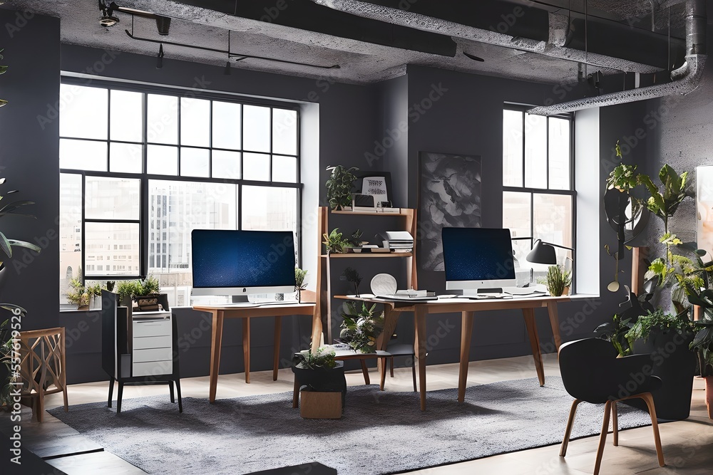 Cozy, Modern home office workplace with computer and desk, wooden floor ...