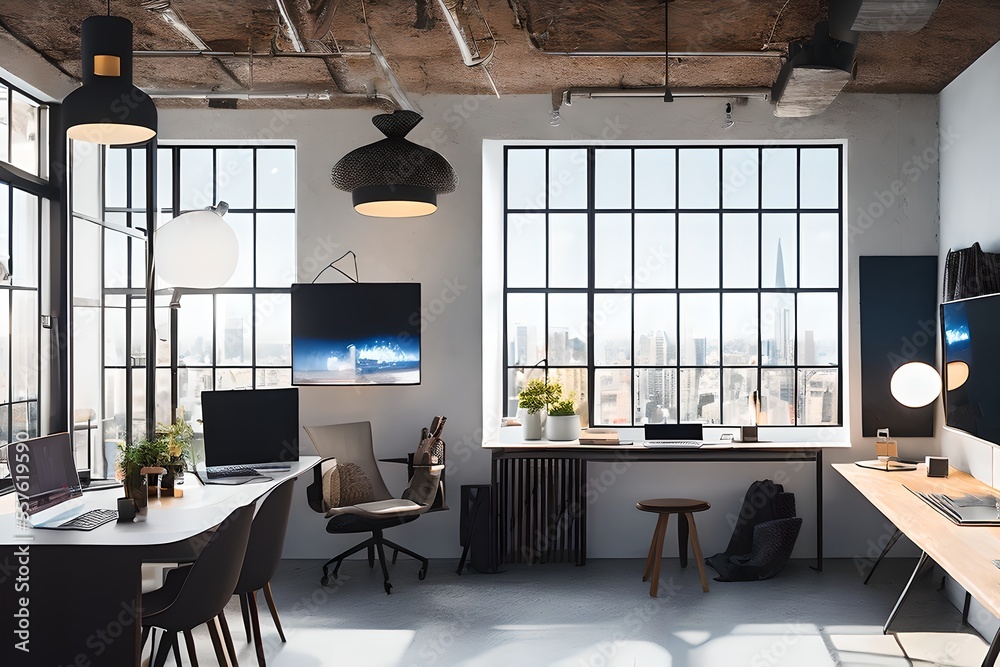Cozy, Modern home office workplace with computer and desk, wooden floor ...