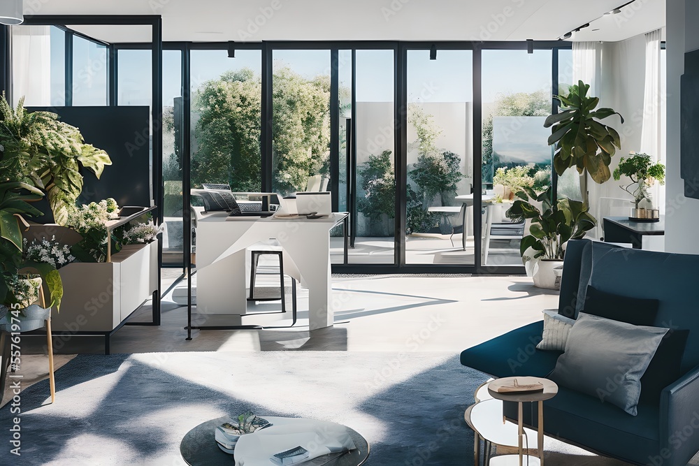 Cozy, Modern home office workplace with computer and desk, wooden floor ...