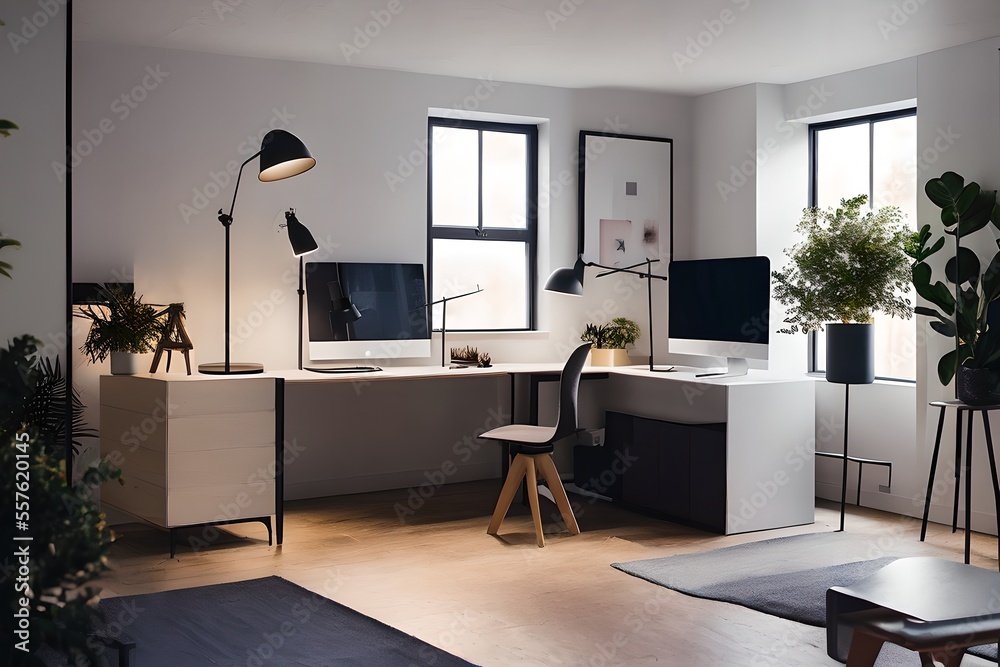 Cozy, Modern home office workplace with computer and desk, wooden floor ...