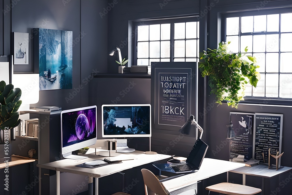 Cozy, Modern home office workplace with computer and desk, wooden floor ...