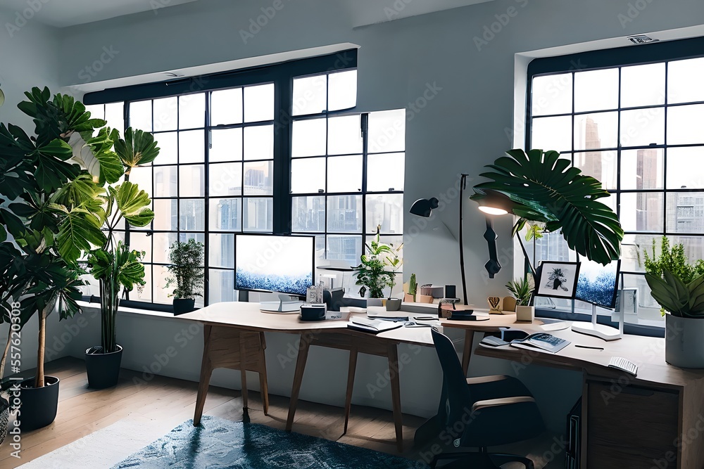 Cozy, Modern home office workplace with computer and desk, wooden floor ...