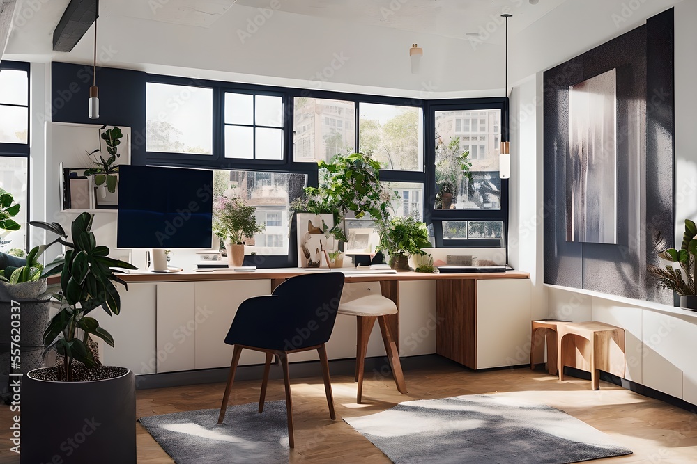Cozy, Modern home office workplace with computer and desk, wooden floor ...